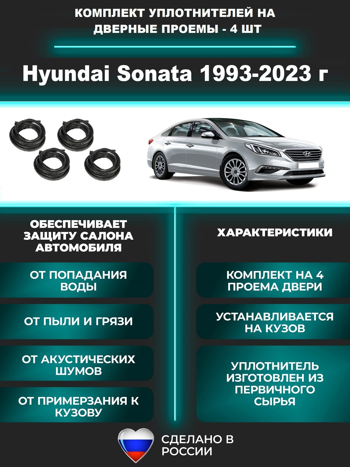 Комплект уплотнителей проемов дверей для Hyundai Sonata 1993-2023 г, Хендай Соната (4 штуки)