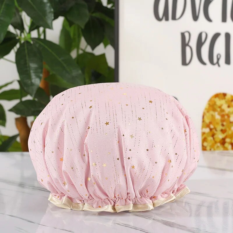 MOONBIFFY Водонепроницаемая шапочка для душа с золотым принтом Розовый, PK