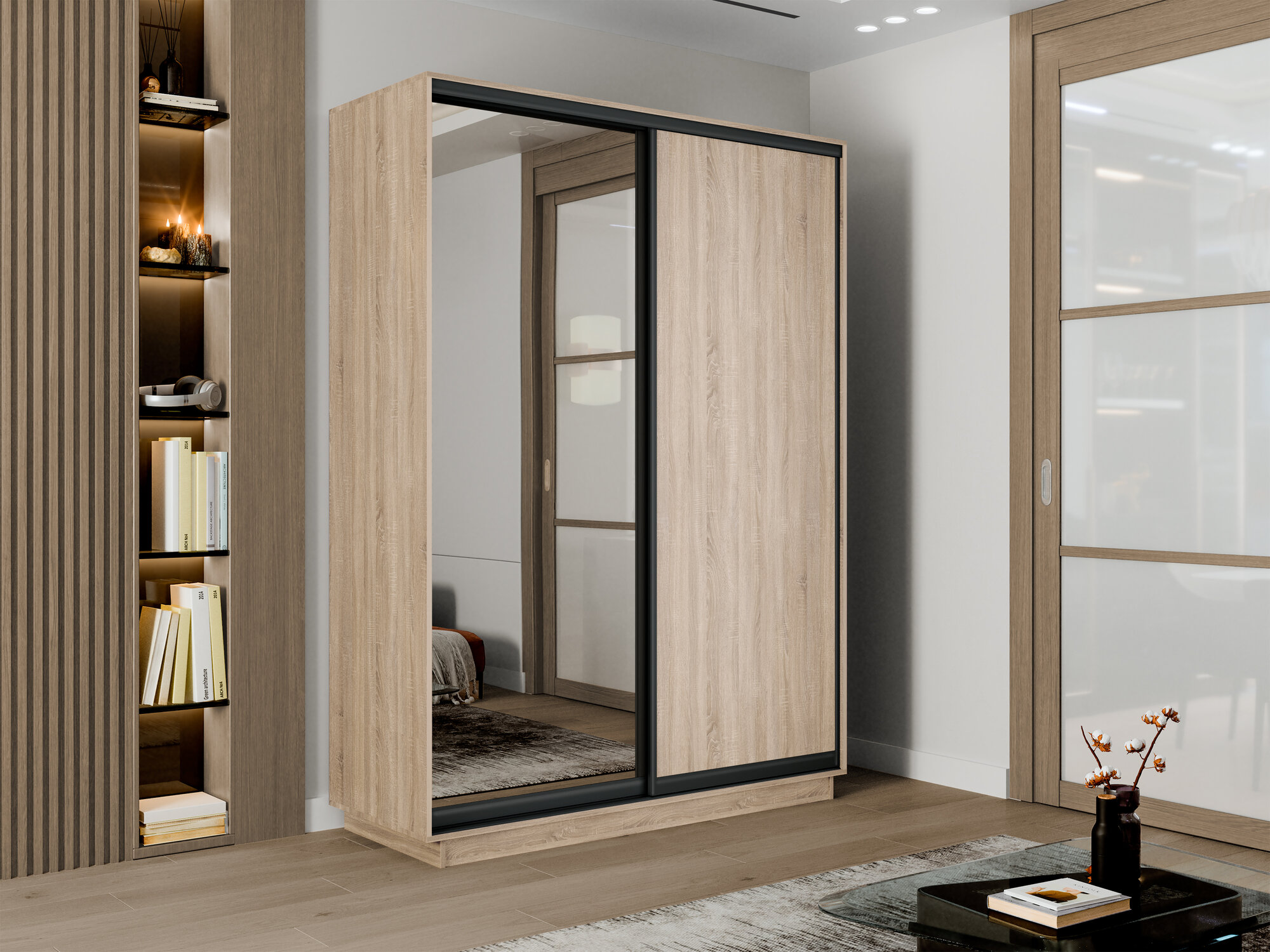 Шкаф купе Вилли 2-х дверный ЛДСП с зеркалом, профиль черный 140 см х 240 см х 60 см (Дуб Сонома)