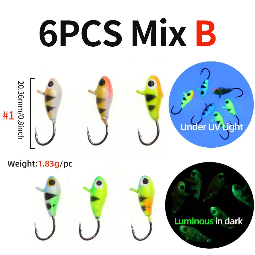 ICERIO Премиальные светящиеся ледовые блесны для ловли рыбы 6PCS Mix B