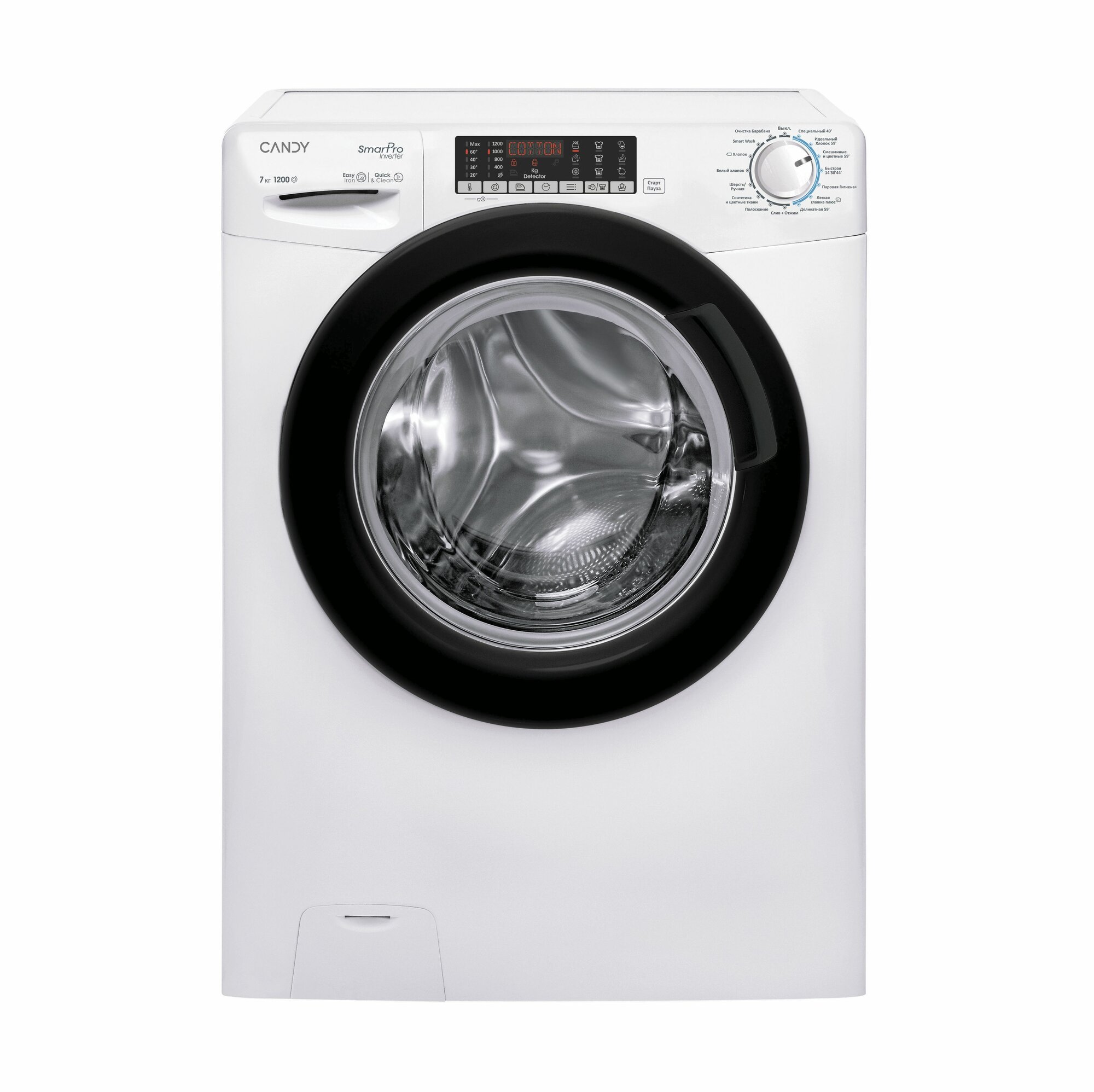 Узкая стиральная машина Candy SMART PRO INVERTER CSO4 276TWMB-07 с паром, 7 кг, 17 программ, 1200 об/мин, инверторный двигатель, система Quick & Clean и автоопределение загрузки