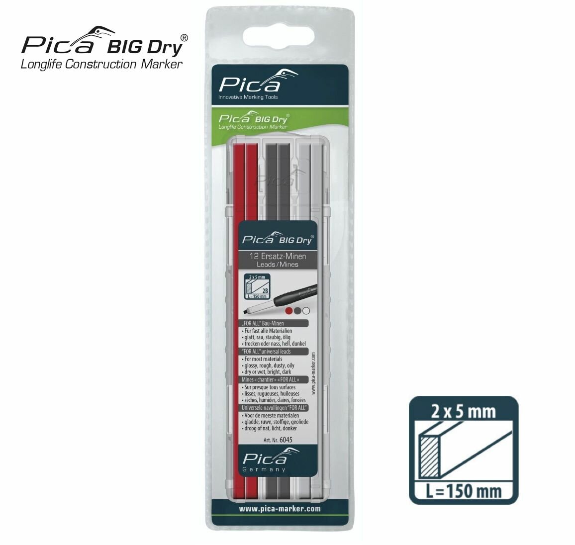 Комплект 12 грифелей (чёрные, красные, белые) 2В с профилем 2х5мм для карандаша Pica BIG Dry 6060 PICA-MARKER 6045/SB