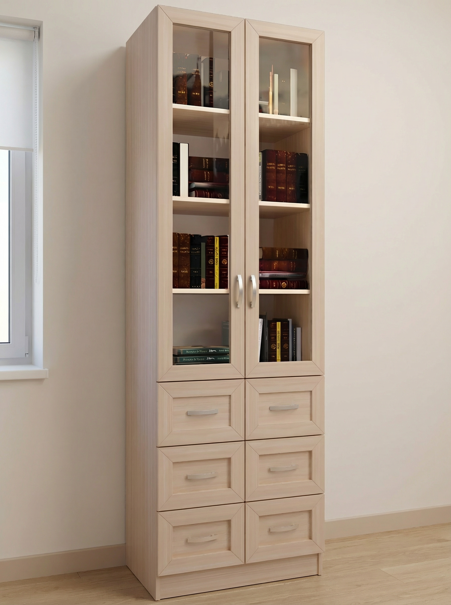 Шкаф книжный двухстворчатый Вита 2-5 с 6 ящиками, ШхГхВ: 68х38х210 см, дуб молочный