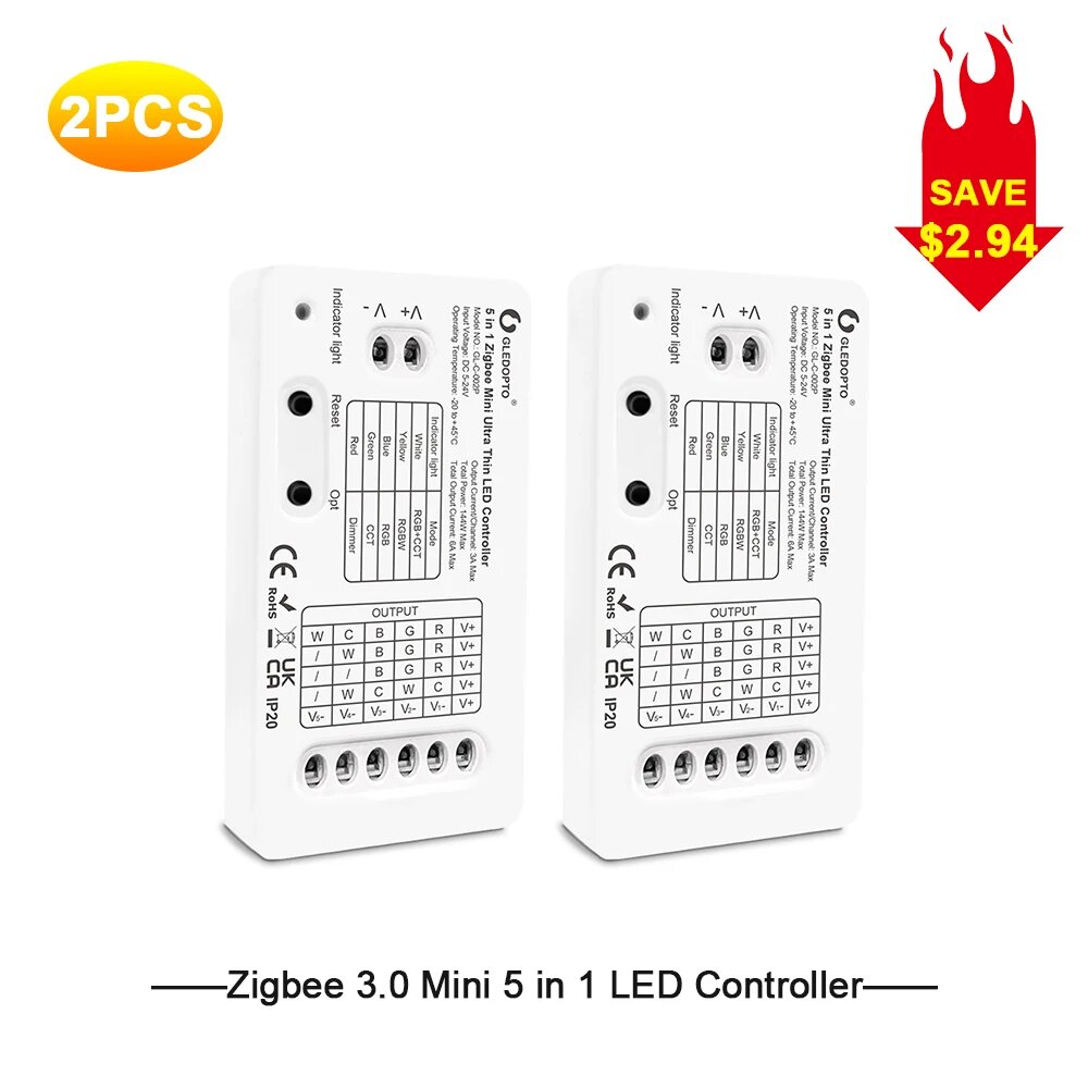 GLEDOPTO RGB Контроллер Zigbee 3.0 Pro 2PCS Mini 5 in 1