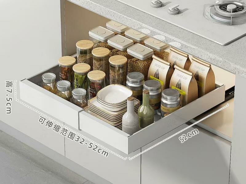 Кухонные полки с выдвижными ящиками, черные, длина 32-52 см, ширина 52 см, высота 7,5 см, 1 шт.