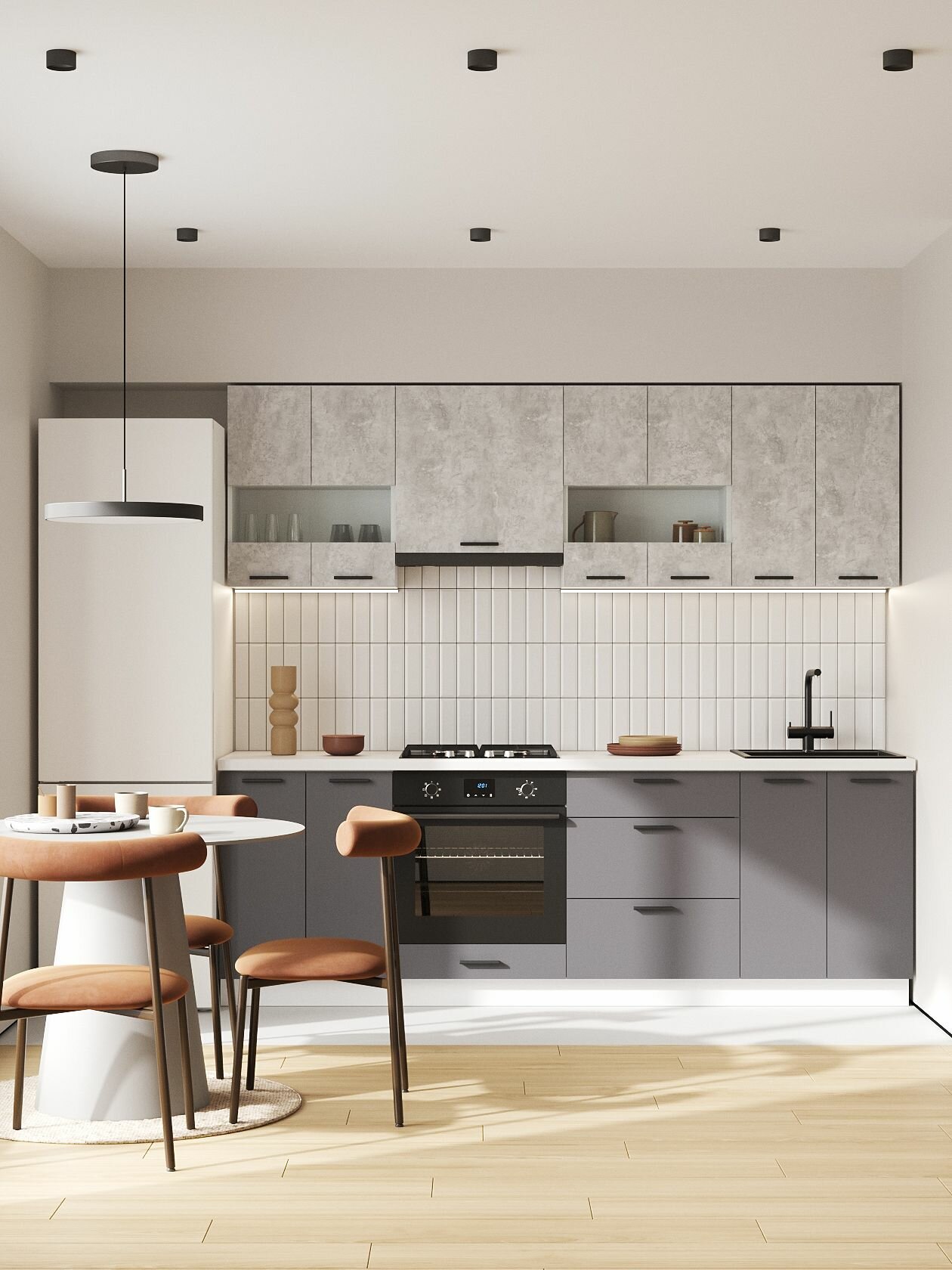 Кухонный гарнитур Урбан 2.4 м, мебель для дома и кухни, Белый / Цемент светлый со стеклом / Графит серый