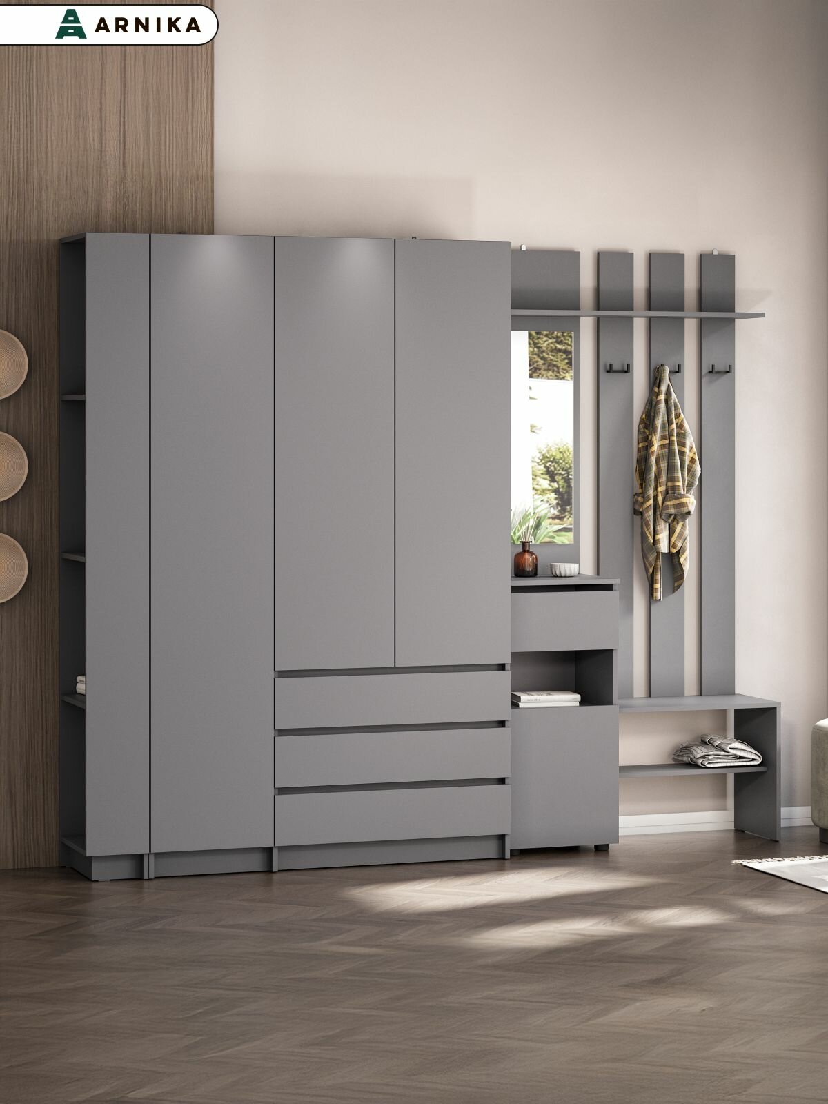 ARNIKA Прихожая Бали, вешалка с зеркалом со стеллажом 2,4м, графит