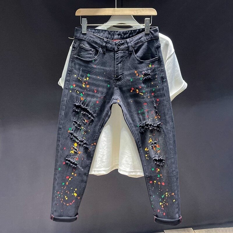 Тренд RONG CH Мужские Джинсы Инс Потертые Пёстрые Слим Кроп Кэжуал Деним, Размер_29