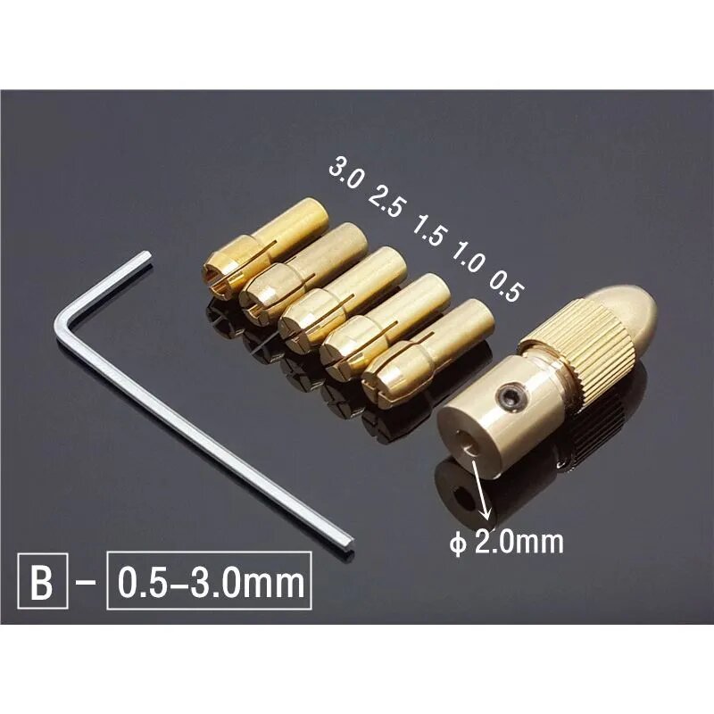 Мини патрон цанговый на вал 2.0 мм, латунный, сменные цанги, трехкулачковый для электрогравёра, для мини дрели 0.5-3.0 мм, 7 шт.
