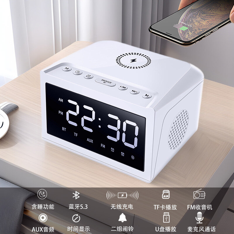 Горячая продажа: беспроводная зарядка, динамик с большим экраном, будильник, Bluetooth-динамик, настольный многофункциональный беспроводной динамик 15W