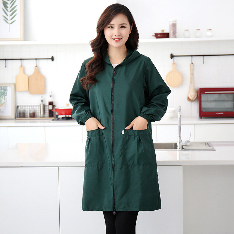 Корейский стиль удлиненного фартука для взрослых, тонкая рабочая одежда для домашней кухни, водонепроницаемый и маслостойкий фартук с длинными рукавами для женщин, модный печатный дизайн