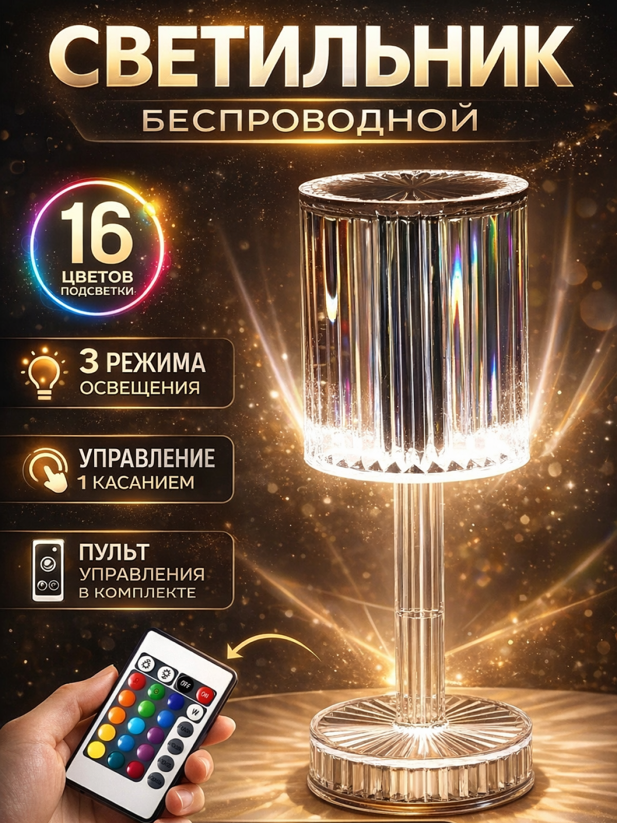 Светильник настольный интерьерный беспроводной "Кристальнаяя лампа"