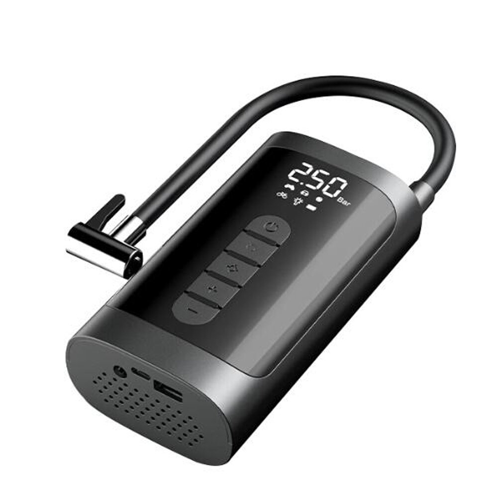 Многофункциональный Бесштовный Интеллектуальный Нагнетатель для Автомобильных Шин USB Перезаряжаемый с Цифровым Дисплеем Портативный Насос для Шин, Черный, Металл, 12вольт, 60Вт, Батарея 3.7V 2000mAh, Единицы BAR PSI KPA KS/M2, Размер 172*70*52мм, Вес