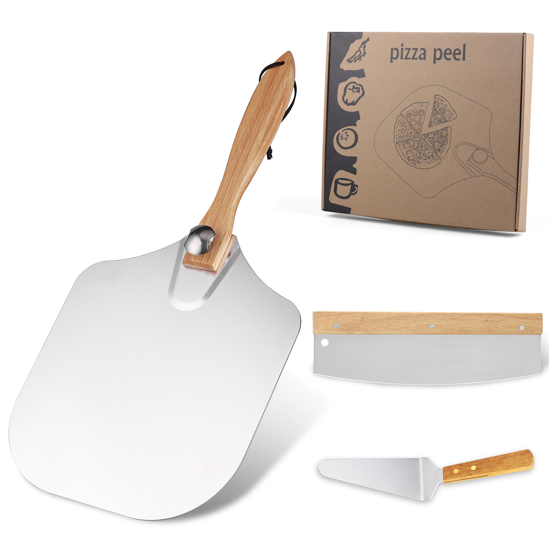 Набор комбинированных лопаток для пиццы с деревянной ручкой и алюминиевым покрытием, треугольная лопатка для торта, резак для муки, лопатка для переноски пиццы, складная лопатка для выпечки