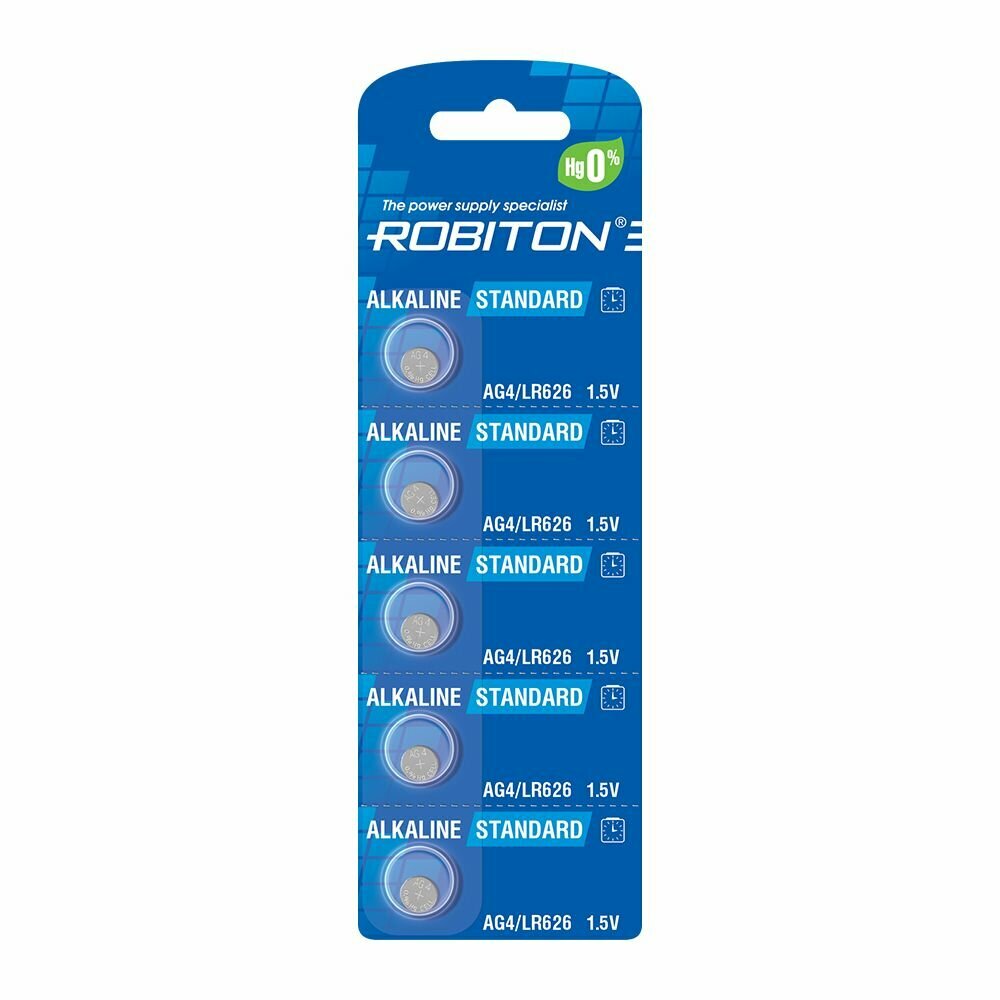 Батарейка таблеточная ROBITON STANDARD R-AG4-0-BL5 AG4 LR626 377 LR66 1,5В щелочная (ROBITON), 5 шт