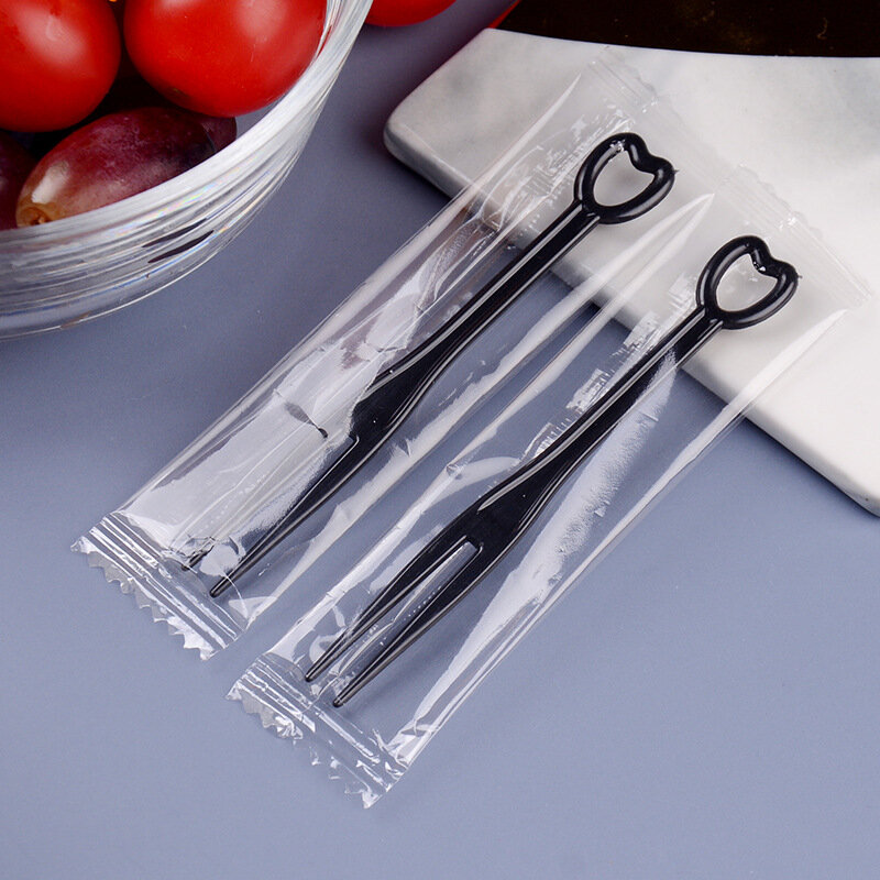 Одноразовые фруктовые вилки напрямую от производителя, пластиковые, прозрачные, цветные, для бара, вилки для фруктов в форме сердца, индивидуально упакованные