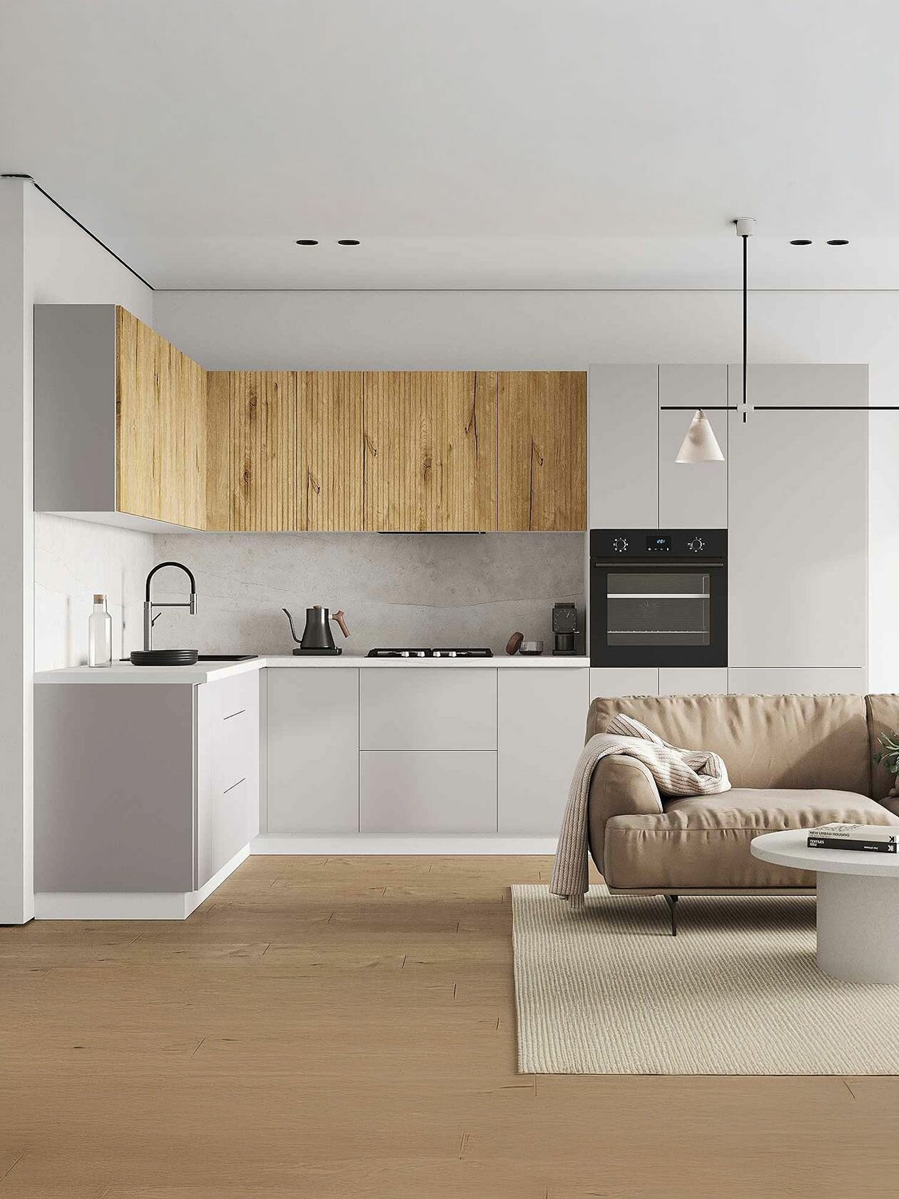 Кухонный гарнитур угловой Комби 3.2х2.2 м, мебель для дома и кухни, Белый / Дуб Торонто / Нео