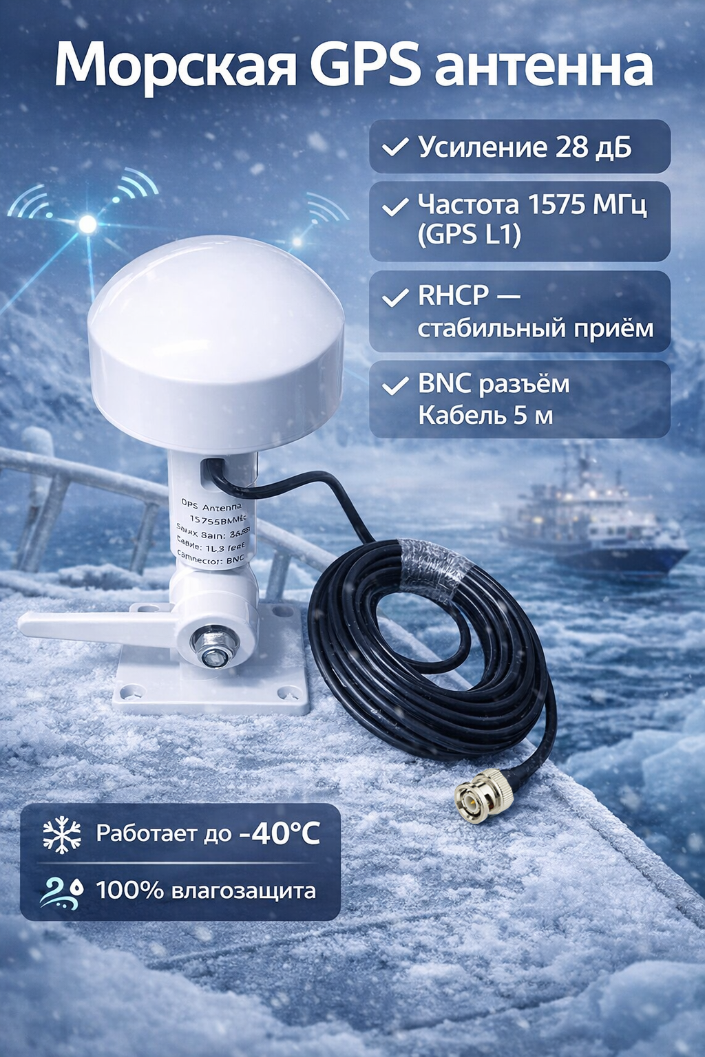 Морская навигационная GPS антенна 1575 МГц RHCP с усилителем 28 дби, BNC