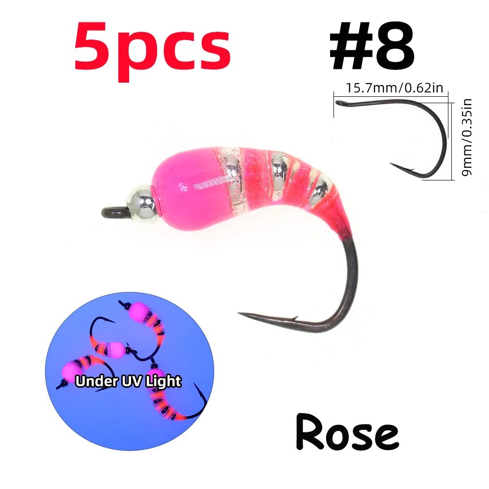 5шт Мушки для рыбалки Rose, #8, Розовый