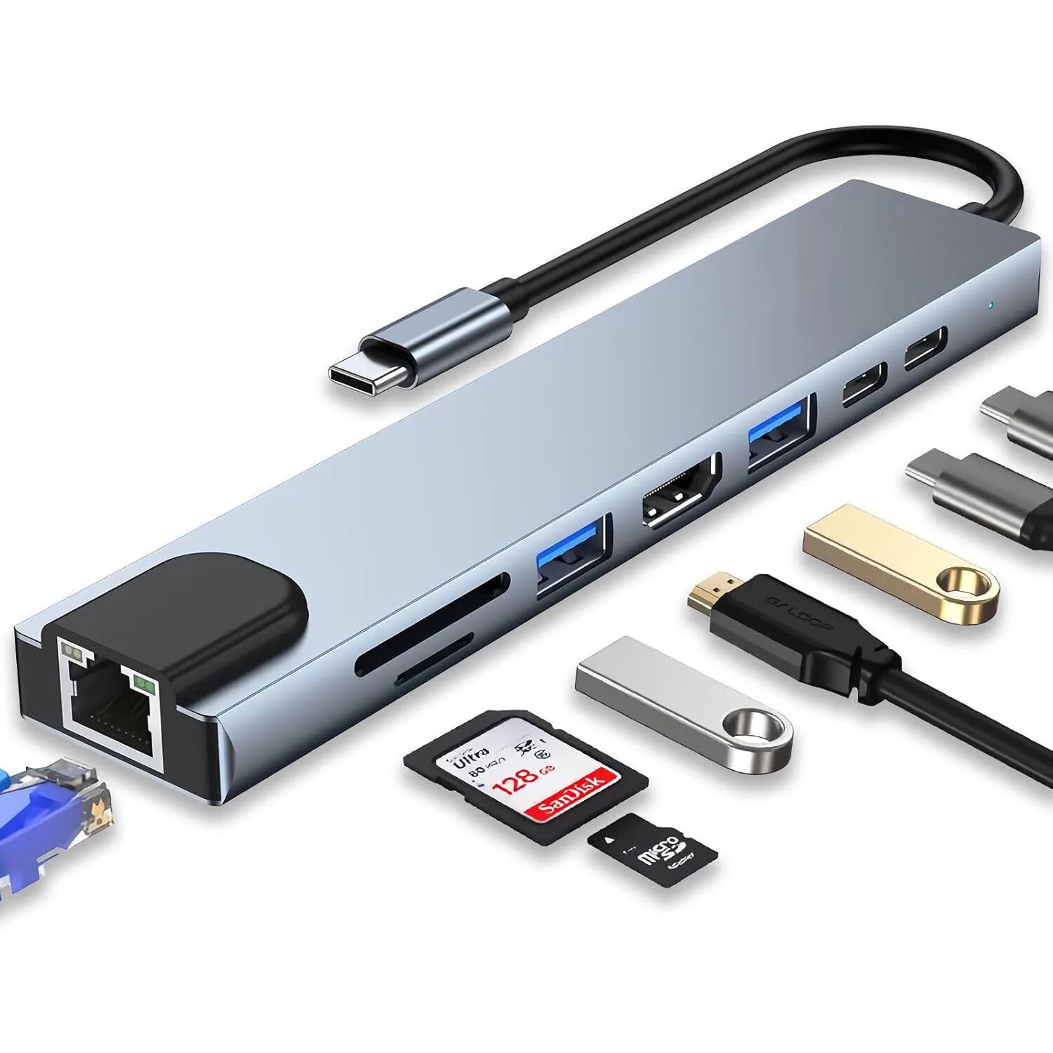USB-хаб 8 в 1, серый, для ноутбука