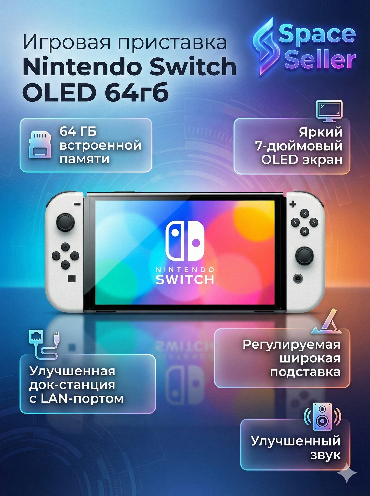 Консоль Nintendo Switch OLED Белая 64 ГБ / Игровая приставка для ТВ и путешествий / 3 режима игры / Док-станция с LAN