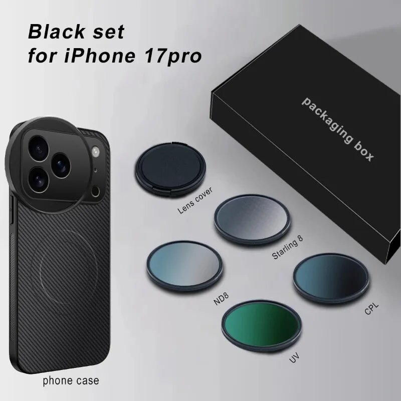 Комплект фильтров 4 в 1, объектив 58 мм, CPL ND UV Star с магнитной беспроводной зарядкой, чехол для телефона для iPhone 17/17 Pro/Pro Max, фотография 17pro-Black