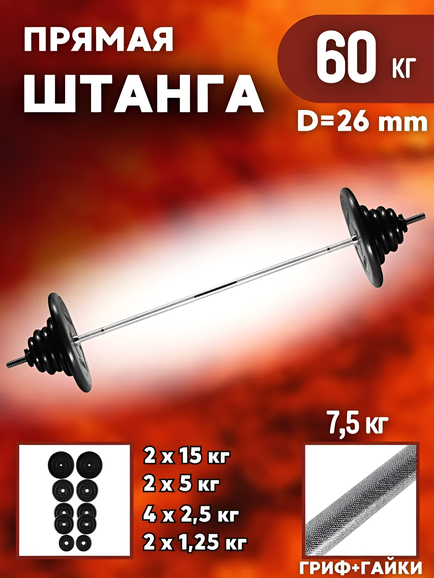 Штанга прямая MB Barbell - 60 кг, D-26mm, стальной гриф + обрезиненные диски.