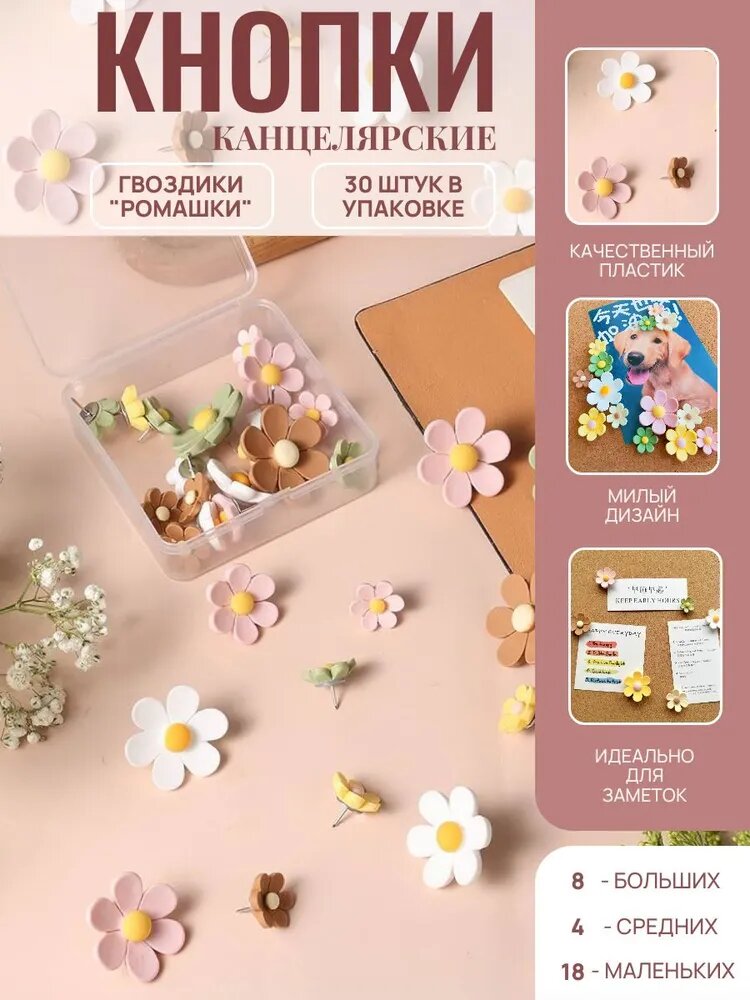 Набор канцелярских разноцветных кнопок "Цветочки", с прозрачным кейсом