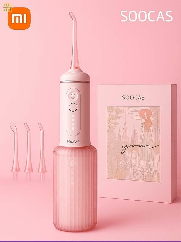 Ирригатор для полости рта портативный soocas W3F для брекетов, имплантов, 4 режимов, 4 насадки, розовый