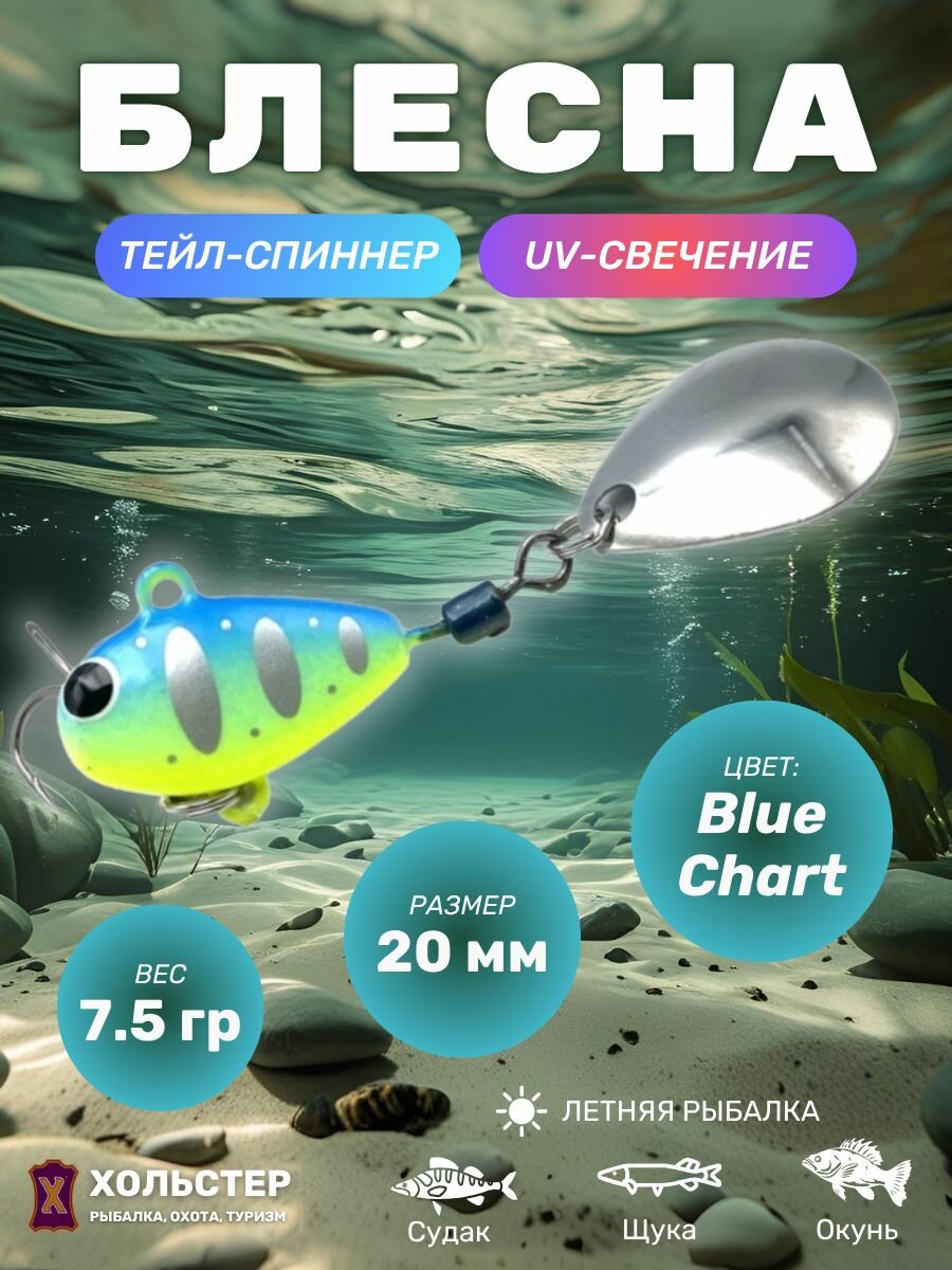 Блесна вертушка тейл-спиннер HURRICANE 7.5 гр, 20 мм, расцветка Blue Chart UV / Блесна Хурикан на окуня, на жереха, на щуку тейлспиннер