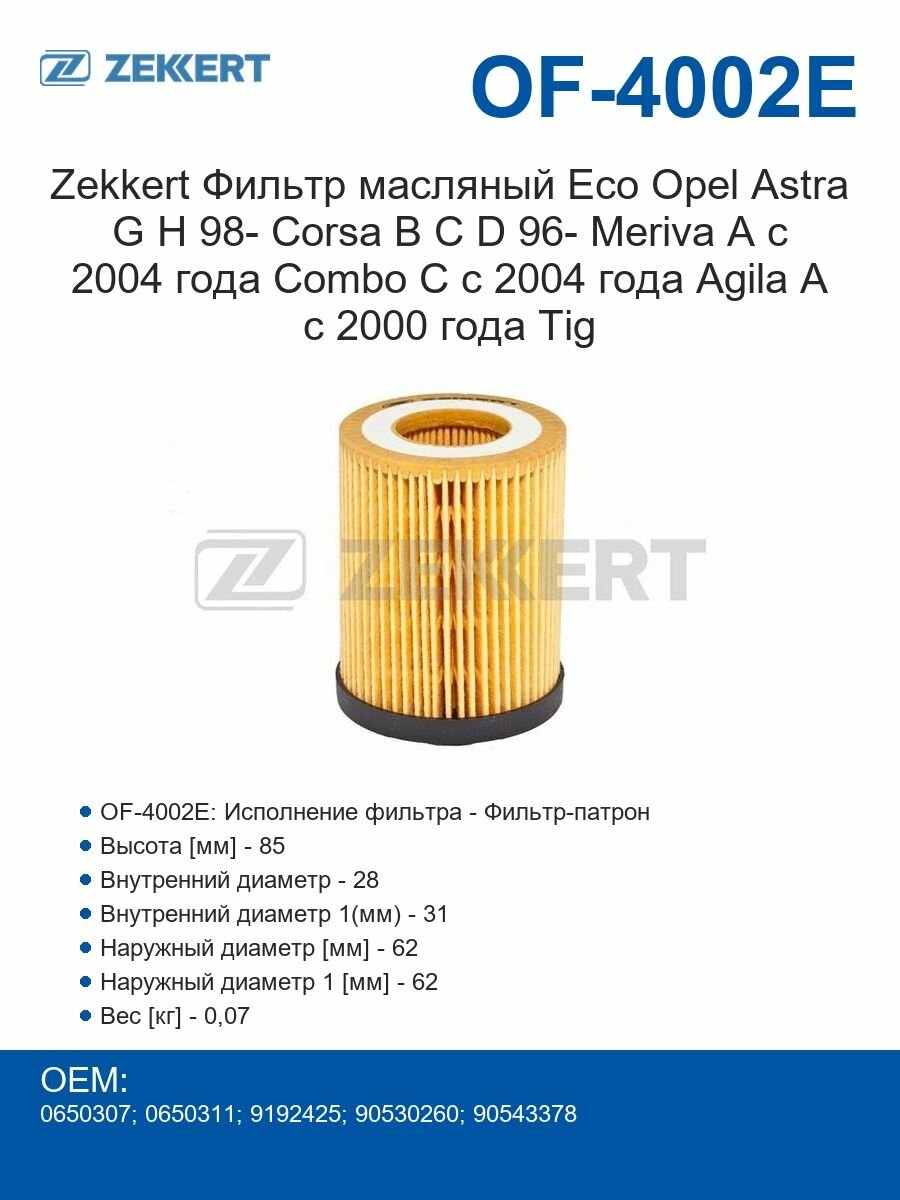 Zekkert Фильтр масляный Eco Opel Astra G H 98- Corsa B C D 96- Meriva A с 2004 года Combo C с 2004 года Agila A с 2000 года Tig