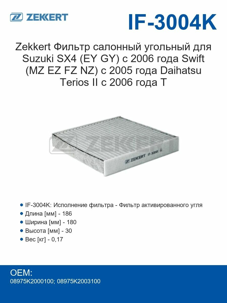 Zekkert Фильтр салонный угольный для Suzuki SX4 (EY GY) с 2006 года Swift (MZ EZ FZ NZ) с 2005 года Daihatsu Terios II с 2006 года T