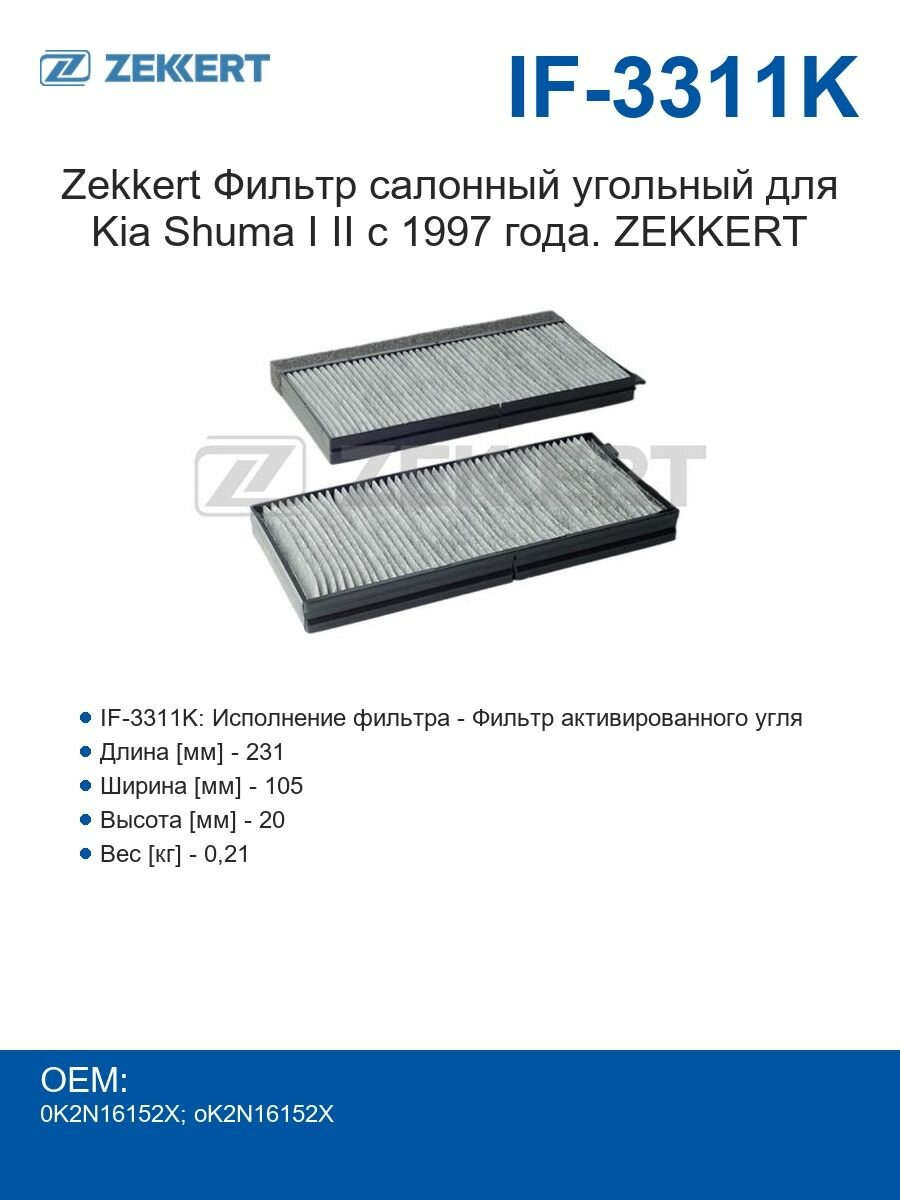 Zekkert Фильтр салонный угольный для Kia Shuma I II с 1997 года. ZEKKERT