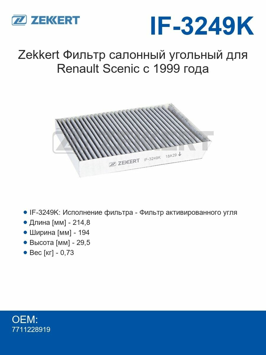 Zekkert Фильтр салонный угольный для Renault Scenic с 1999 года