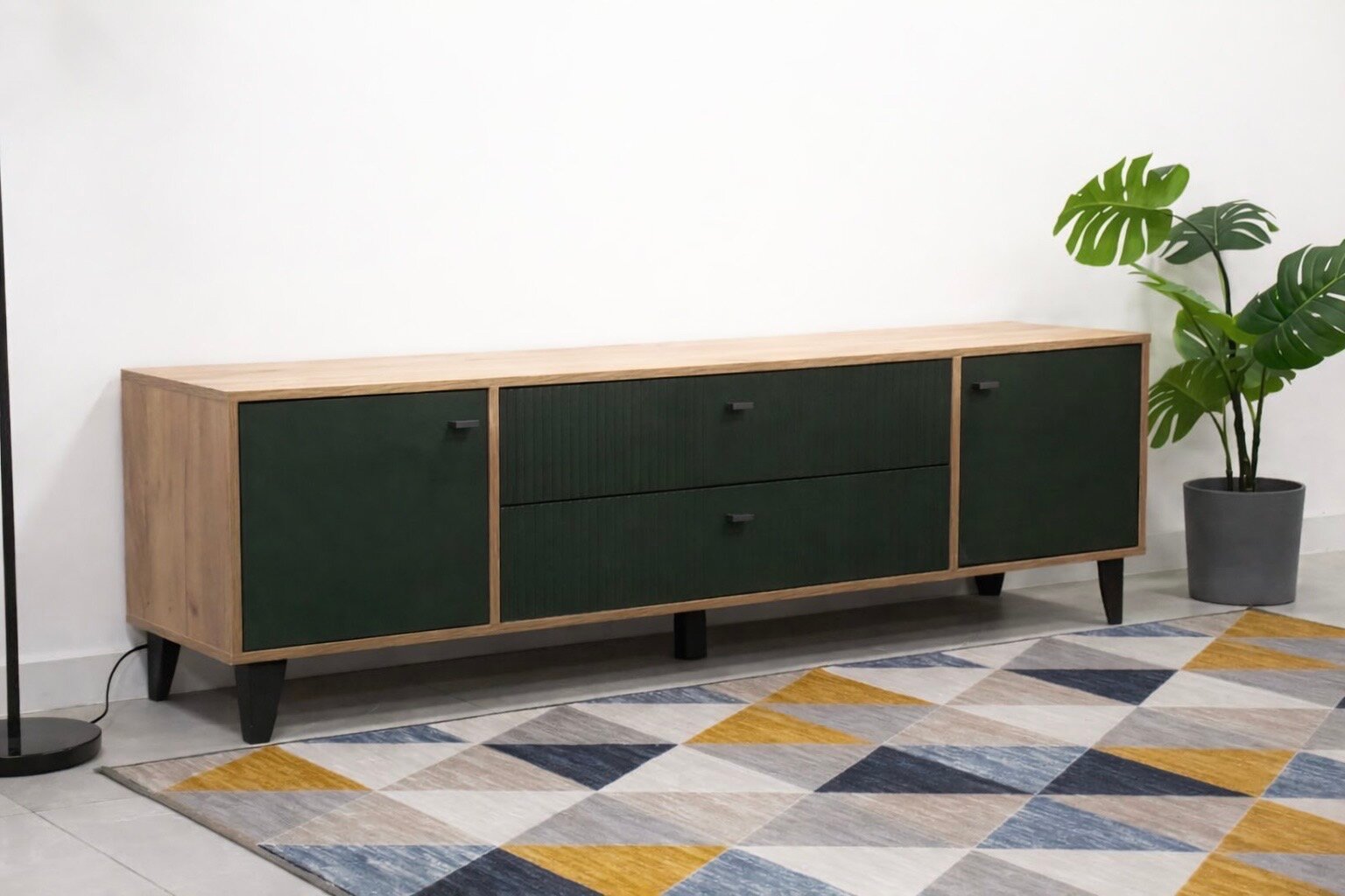 Тумба под ТВ Парус-10 для гостиной, 180×53×40 см, дуб крафт золотой / карбон дарк грин