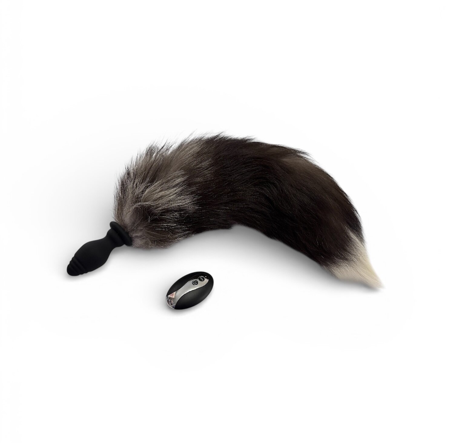 Анальная пробка с хвостиком вибро с пультом длина 7.5 см диаметр 3.3 см мех и силикон черный или коричневый