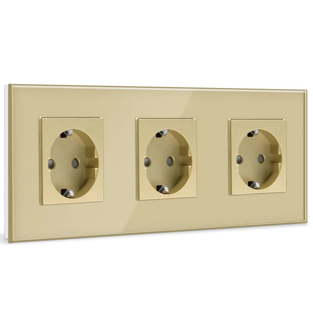 Розетка тройная 3 поста 16А 250В рамка стекло Золотой,228mm