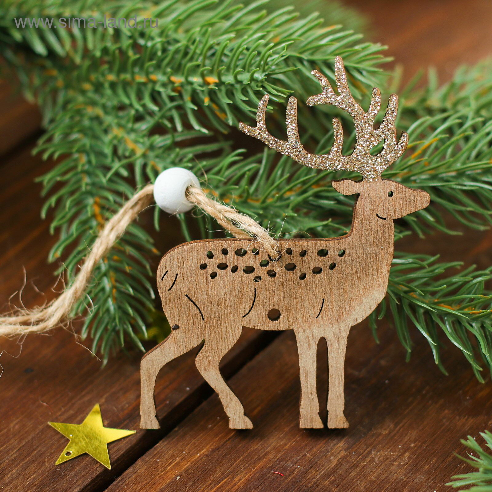 Елочная игрушка "Золотой олень", деревянная, форма игрушки: животные