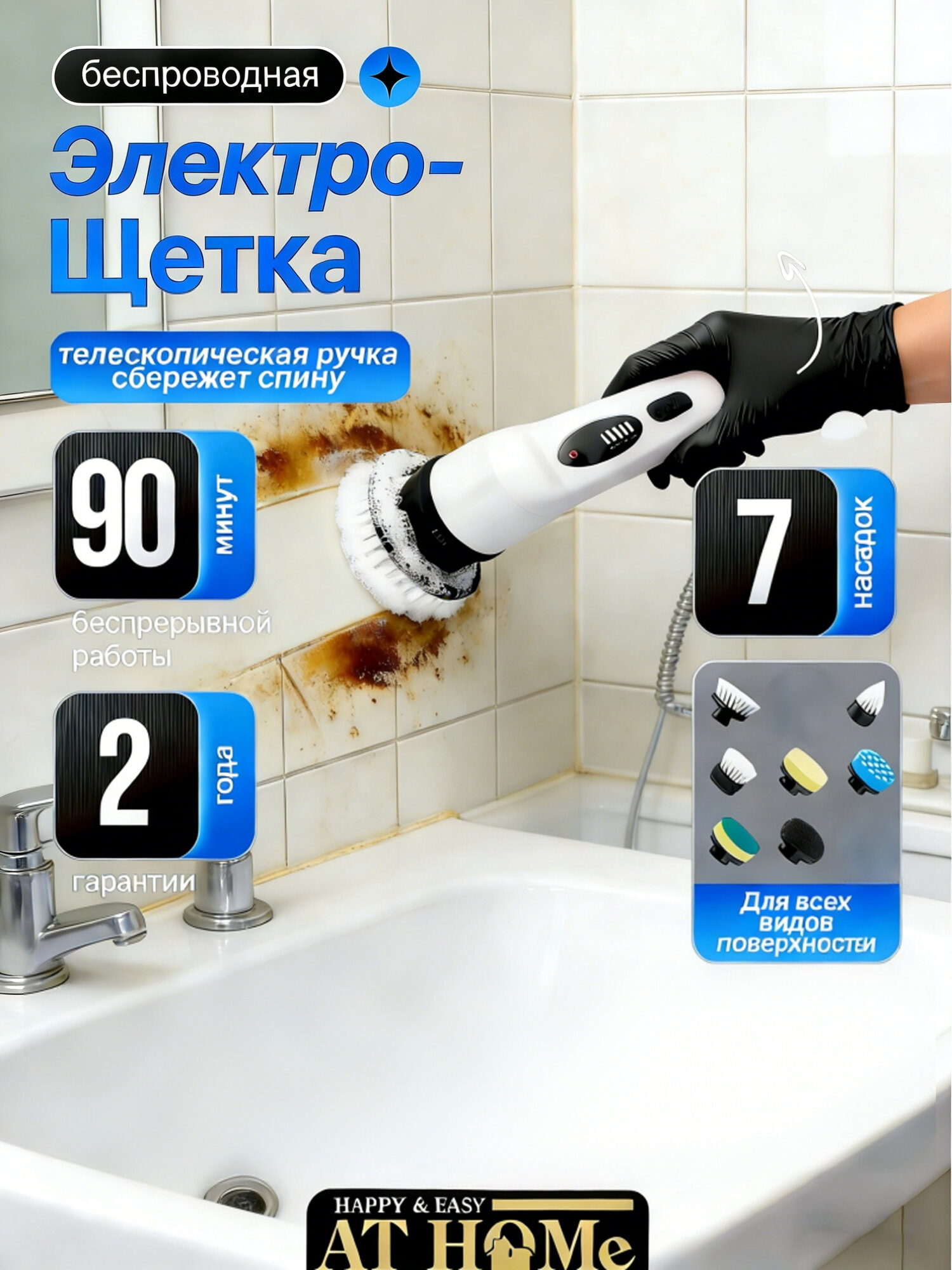 Щетка электрическая беспроводная для уборки дома, мытья пола, ванной, мойки окон, электрощетка для чистки кафеля, кухни