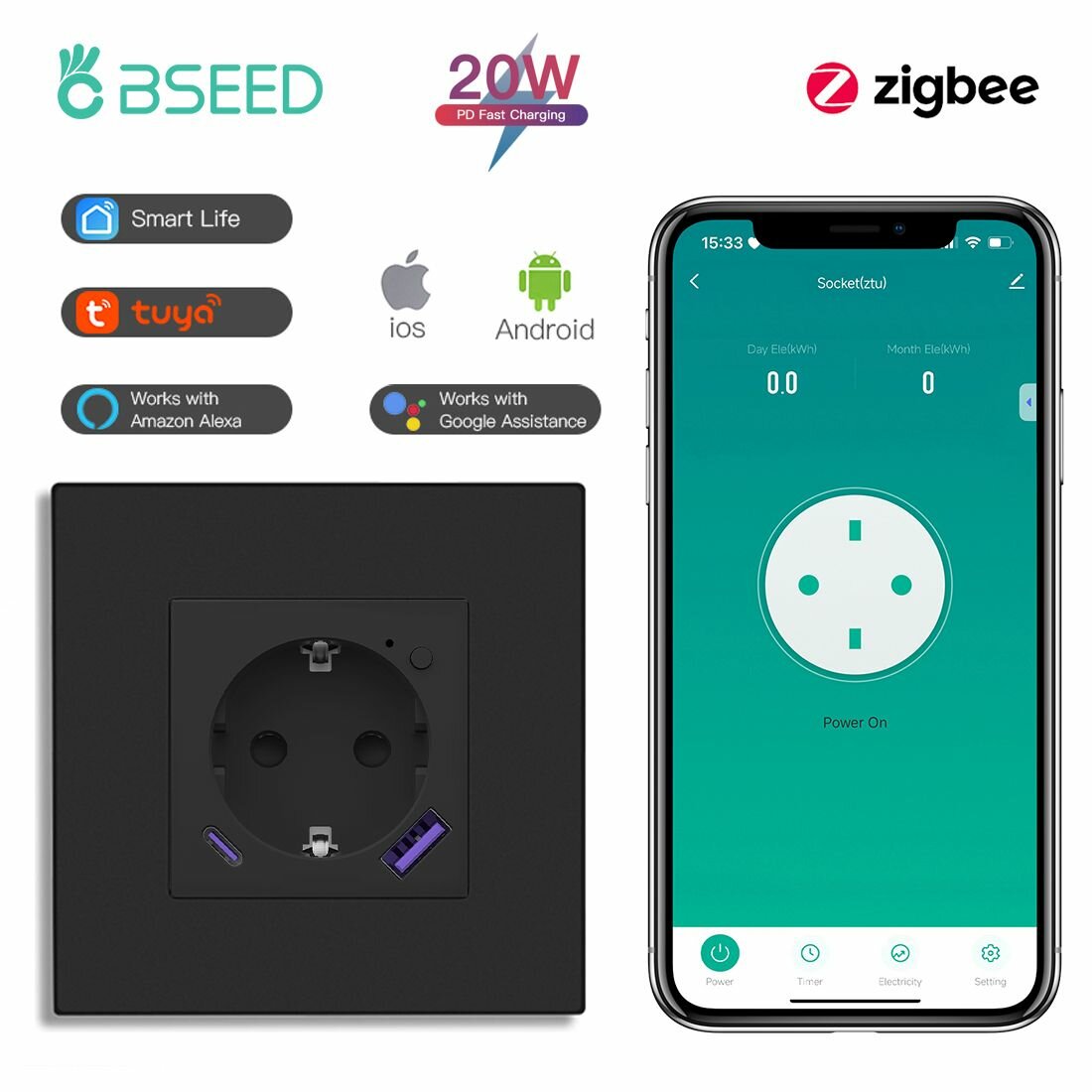 Розетка с USB и Type-C 20W быстрой зарядкой, с мониторинг потребления , Zigbee, управление с Алисой, пластиковые рамки