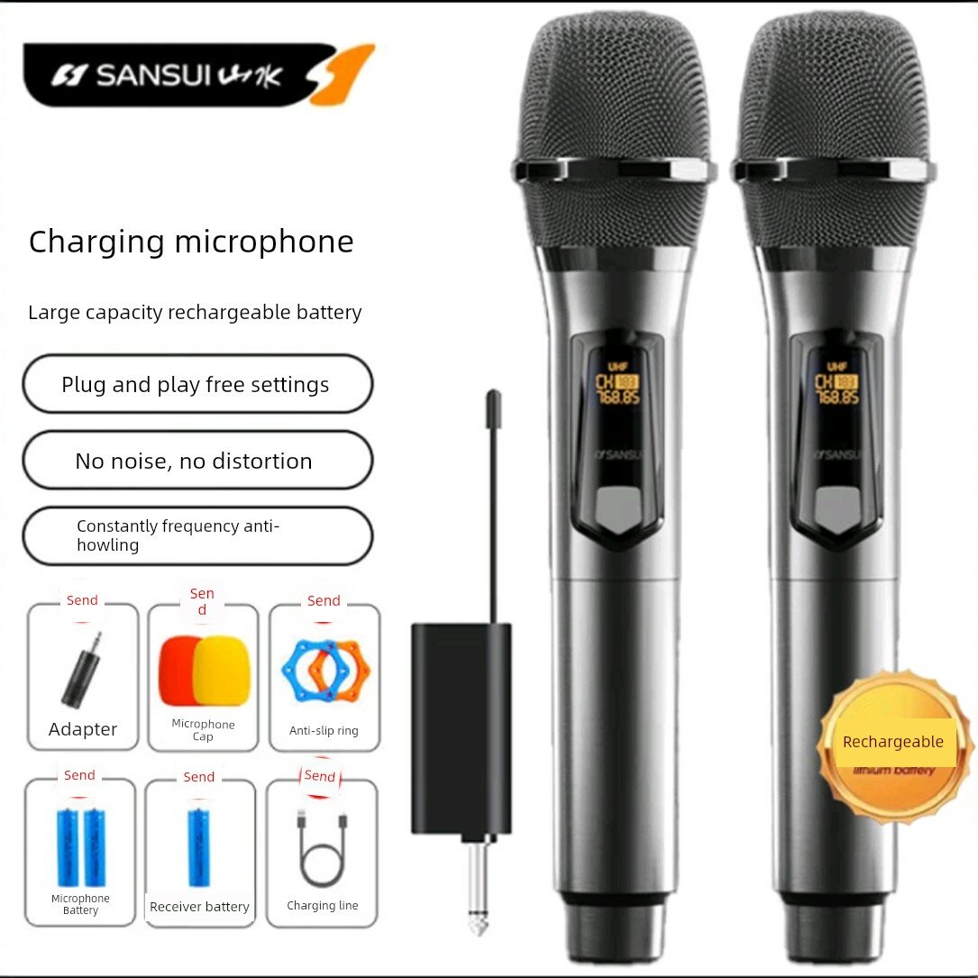 Sansui U5 перезаряжаемый беспроводной микрофон с двойным микрофоном в черном цвете для караоке и домашнего использования