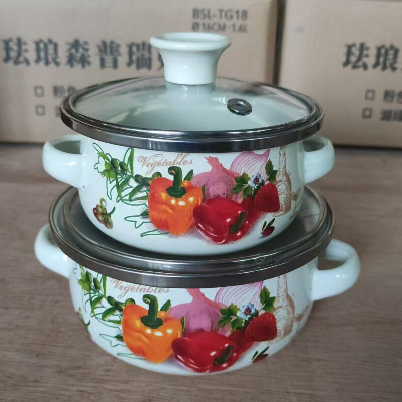 Горячая распродажаНовая эмалированная кастрюля для домашнего использования, с двумя ручками, утолщенная суповая кастрюля с крышкой, масляная кастрюля, совместимая с индукционной плитой, универсальная для кухни, оптовая продажа через границу