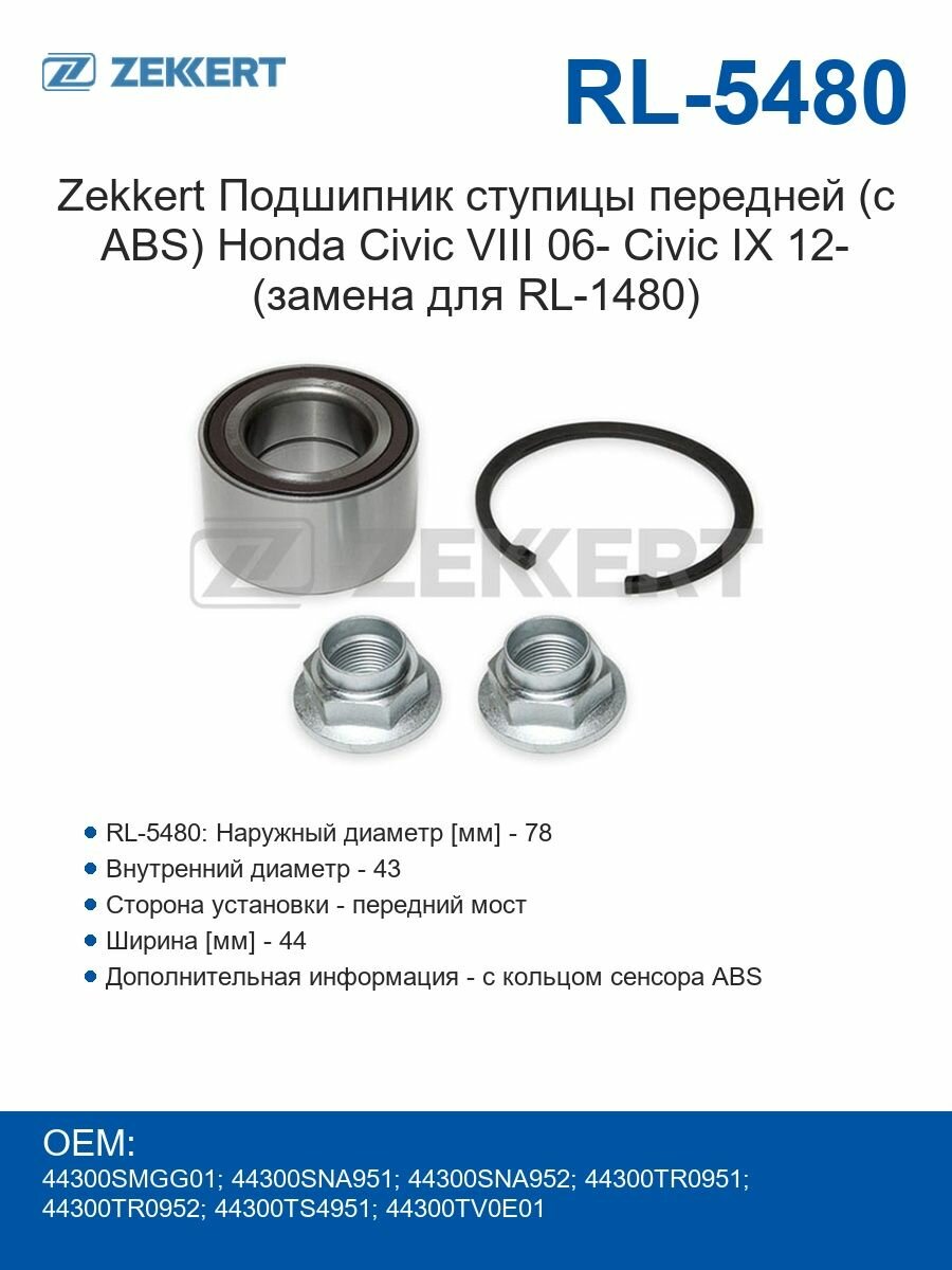 Zekkert Подшипник ступицы передней (с ABS) Honda Civic VIII 06- Civic IX 12- (замена для RL-1480)