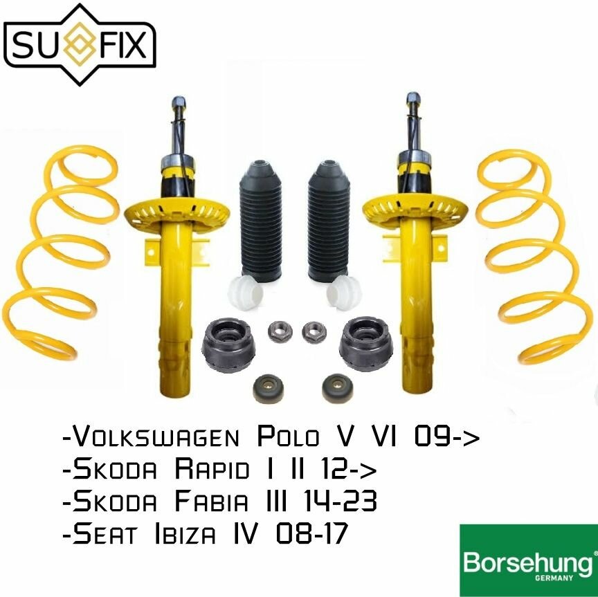 Передние амортизаторы c пружинами Sufix, пыльниками, отбойниками, опорами, подшипниками BORSEHUNG и резьбовыми втулками для Volkswagen Polo V-VI (6R,6C), Skoda Rapid