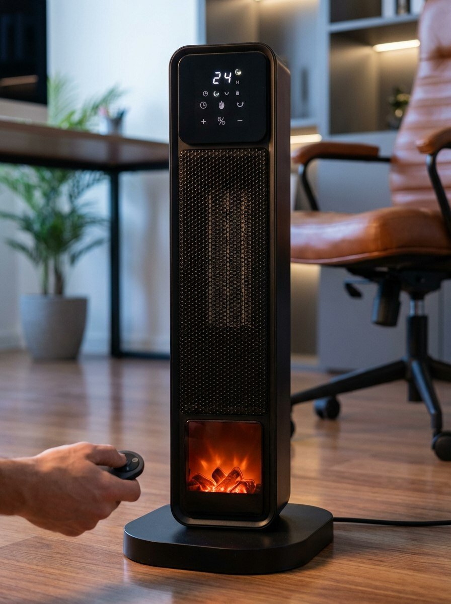 Тепловентилятор 2200Вт, обогреватель, керамический, вертикальный, напольный, с пультом, черный, матовый