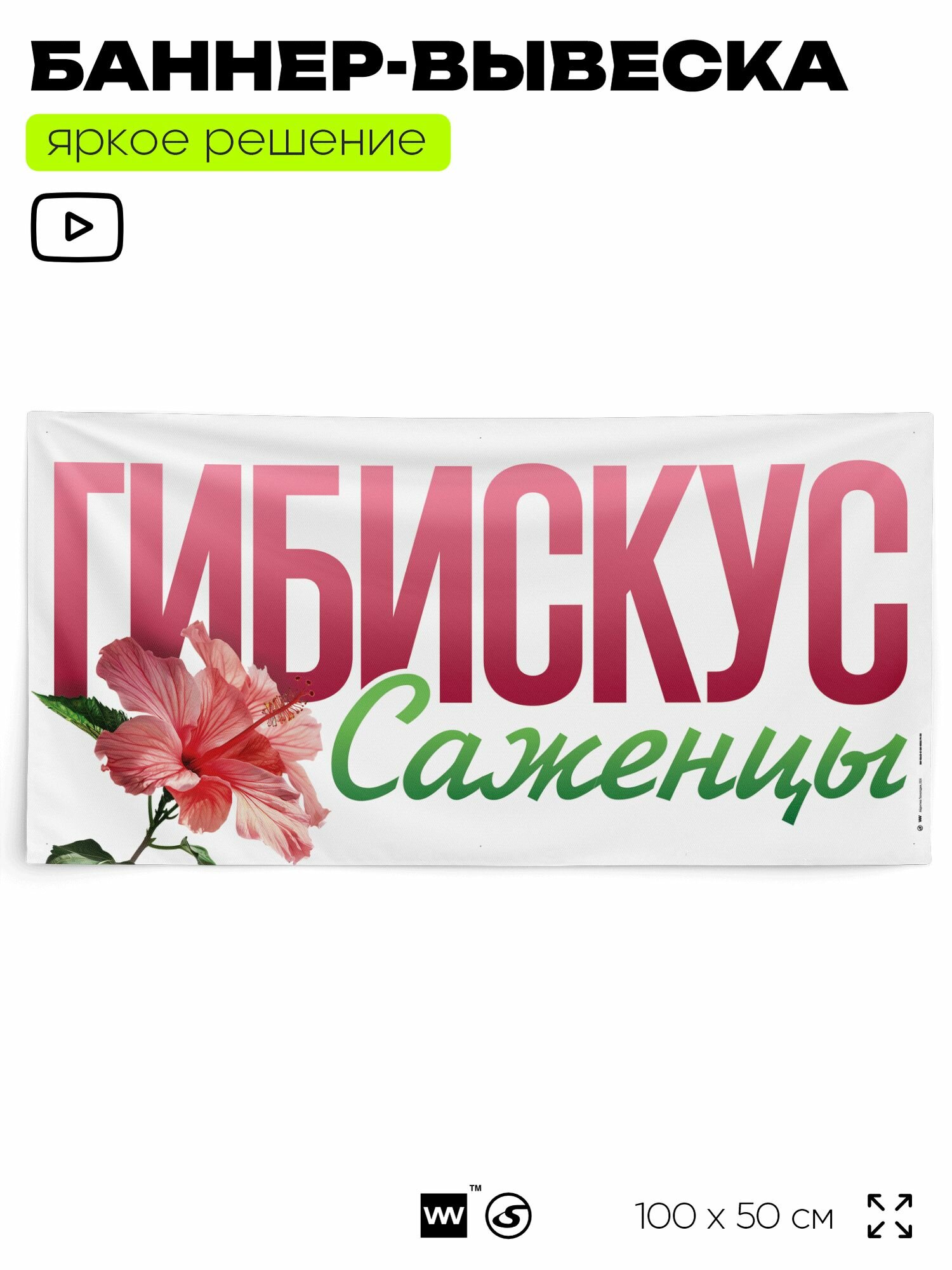 Рекламная вывеска баннер "гибискус саженцы", 100х50 см, для магазина, белый, Silver Plane x Айдентика Технолоджи