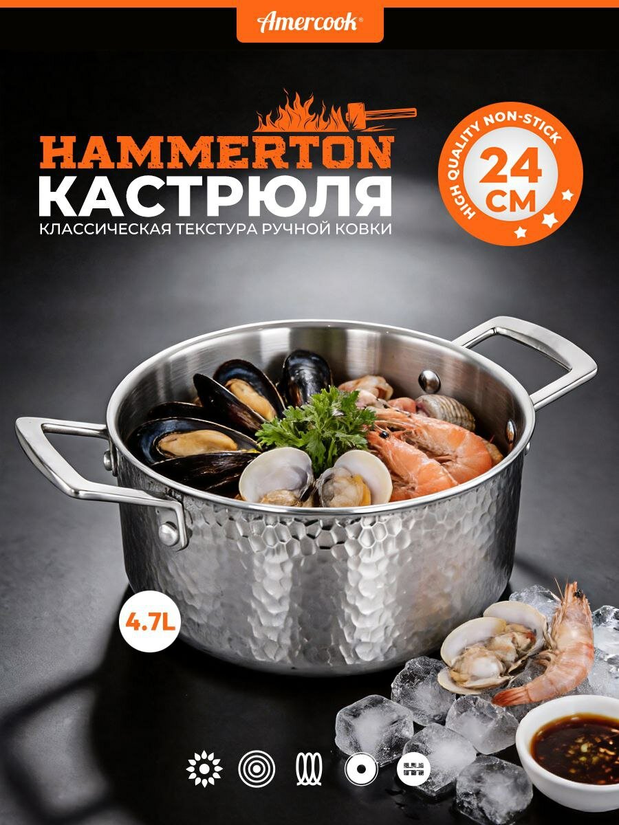 Кастрюля AMERCOOK 24 см со стеклянной крышкой, трёхслойная нержавеющая сталь, универсальная для всех плит