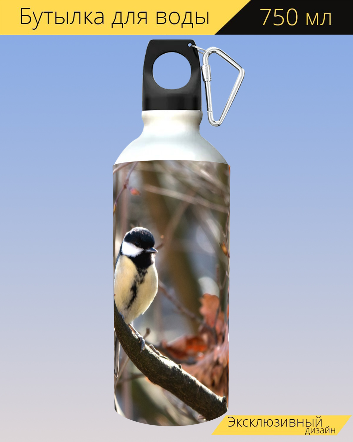 Бутылка фляга для воды "Большая синица, певчая птица, птица" 750 мл. с карабином и принтом