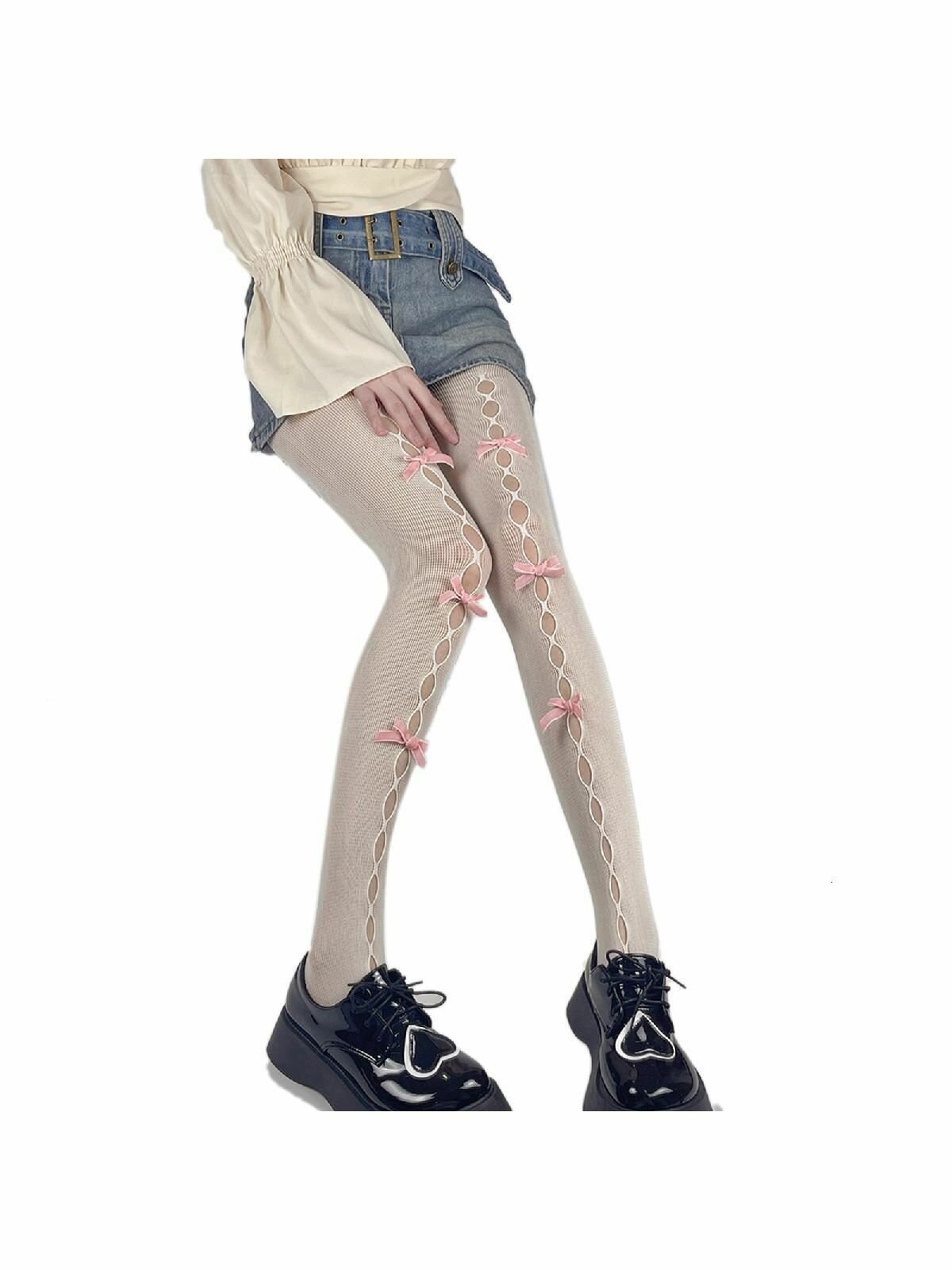 Женские лолита-колготки белые с кружевными вставками, Розовый