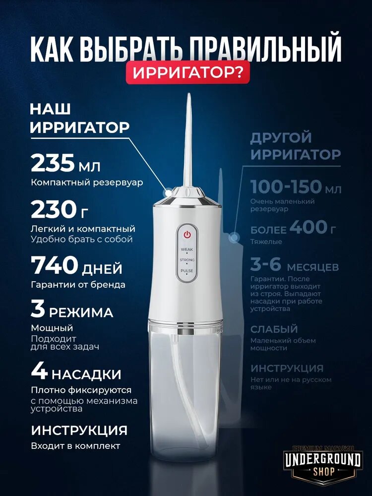 Портативный ирригатор для полости рта, 4 насадки, 3 режима мощности, 235 мл, японское качество — фото 1